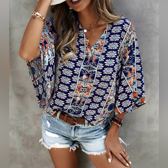 Tops | New Boho Native Print Flowy Button Front Top Blouse White Peach ...